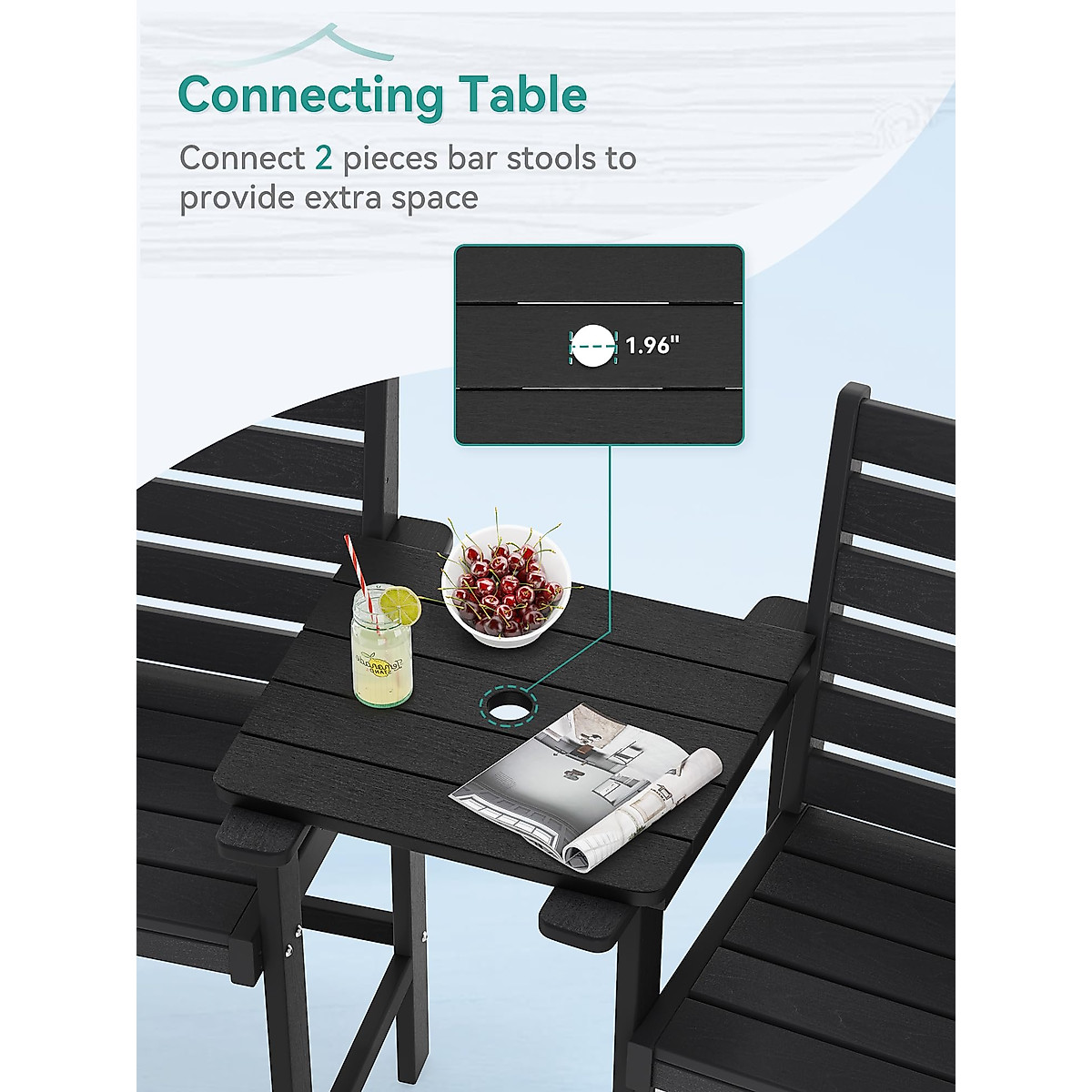 Homenjoy Tall Adirondack Chair Set of 2 with Connecting Tray, HDPE Weather Resistant Patio Bar Stools, Heavy Duty Bar Height Adirondack Chairs with Footrest, 26" H Balcony Chair for Deck,Black