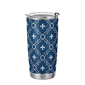 Yasala Mardi Gras Tumbler Fleur De Lis Moroccan Blue Insulated Coffee Cup Fat Tuesday Beverage Container Office Travel Mug with Straw and Lid 20oz Holiday Back to School Gift