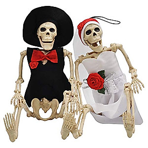 JOYIN 2PCS 16" Scary Halloween Skeletons Decorations Full Body with Poseable Bride and Groom Ornament for Haunted House Décor, Home, Party, Graveyard