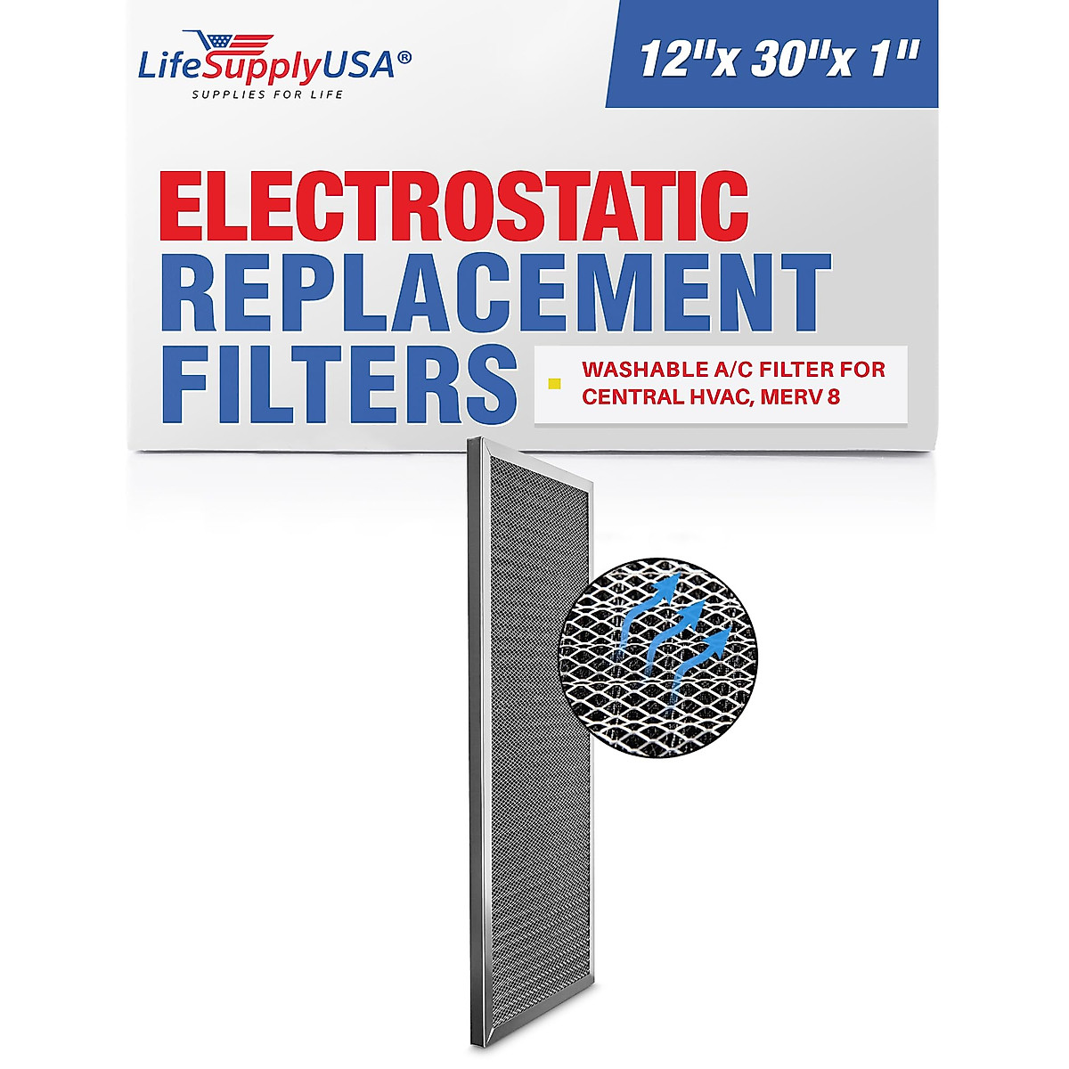 LifeSupplyUSA (12x30x1) Aluminum Electrostatic Air Filter Replacement Washable Air Purifier A/C Filter for Central HVAC, MERV 8, Energy Saving, Easy to Clean, Long-Lasting (1-Pack)