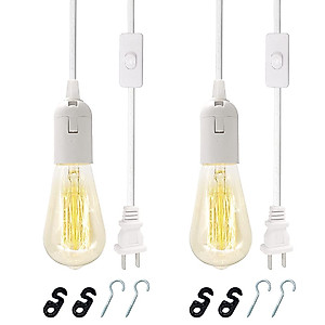Plug in Hanging Light Kit, Retro Hanging Lights with Plug in Cord, E26 E27 Industrial Pendant Light Fixture, 9.8 FT Cord with On/Off Switch Hanging Lamp for Living Room Bedroom 2 Pack (White)