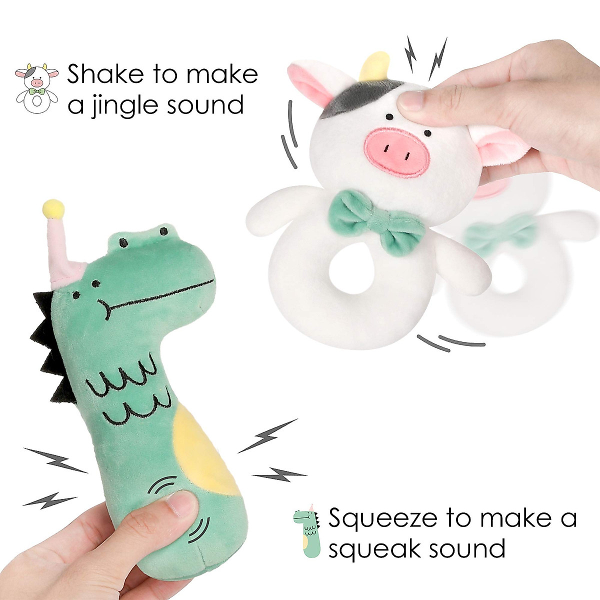 TILLYOU Plush Rattle Toys for Baby Set of 4 - Soft Plush Stuffed Animal Rattle for Newborns, Rattle Shaker Set for Infants, Gifts for Girls Boys, Shaker & Teether Toys for 3 6 9 12 Months