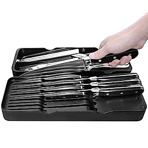 Compact Silverware Drawer Organizer, Cutlery Tray and Utensil Holder, Sturdiness and Non-slip Feet, Classic Small Kitchen Drawer Organizer Box Set for Flatware and Knifes Partition Storage (Black)