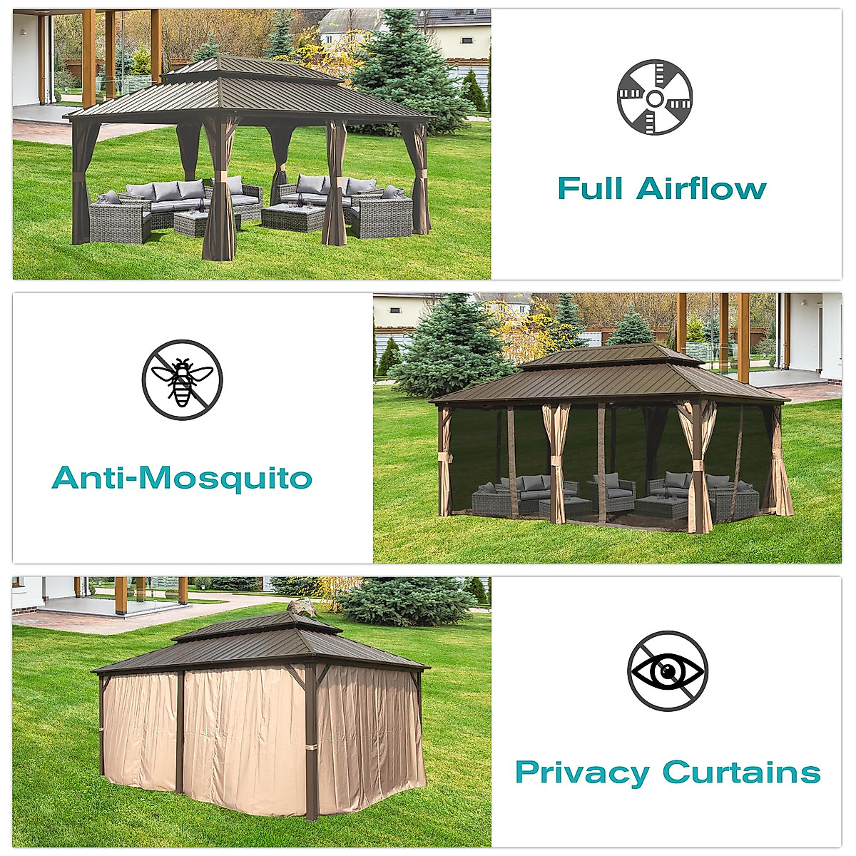 Domi 12' x 18' Hardtop Gazebo Permanent Metal Gazebo with Galvanized Steel Double Roof, Curtains and Netting for Party, Wedding, Outdoor Dining, Patio, Backyard, Brown