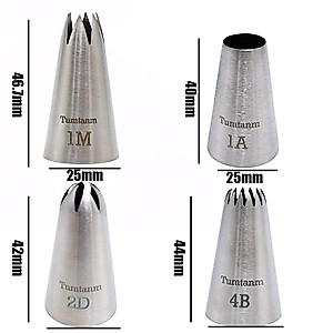 Tumtanm Professional Large Piping Nozzles, 4pcs Stainless Steel Seamless Icing Piping Nozzle Tip Set for Cakes, Cupcakes and Baking