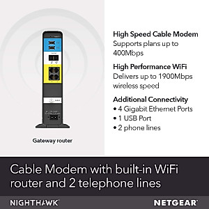 NETGEAR Nighthawk Cable Modem WiFi Router Combo with Voice C7100V (Renewed)