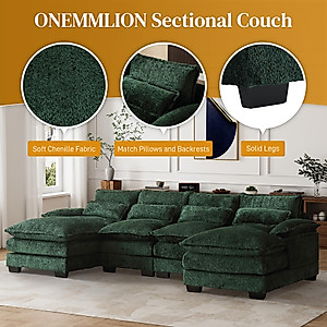 ONEMMLION U Shape Sectional Sofa Cloud Couch for Living Room, 110" Modern Chenille Comfy Modular Sofa, 4 Seat Upholstery Sofa Sleeper with Double Chaise & Memory Foam, Emerald Green