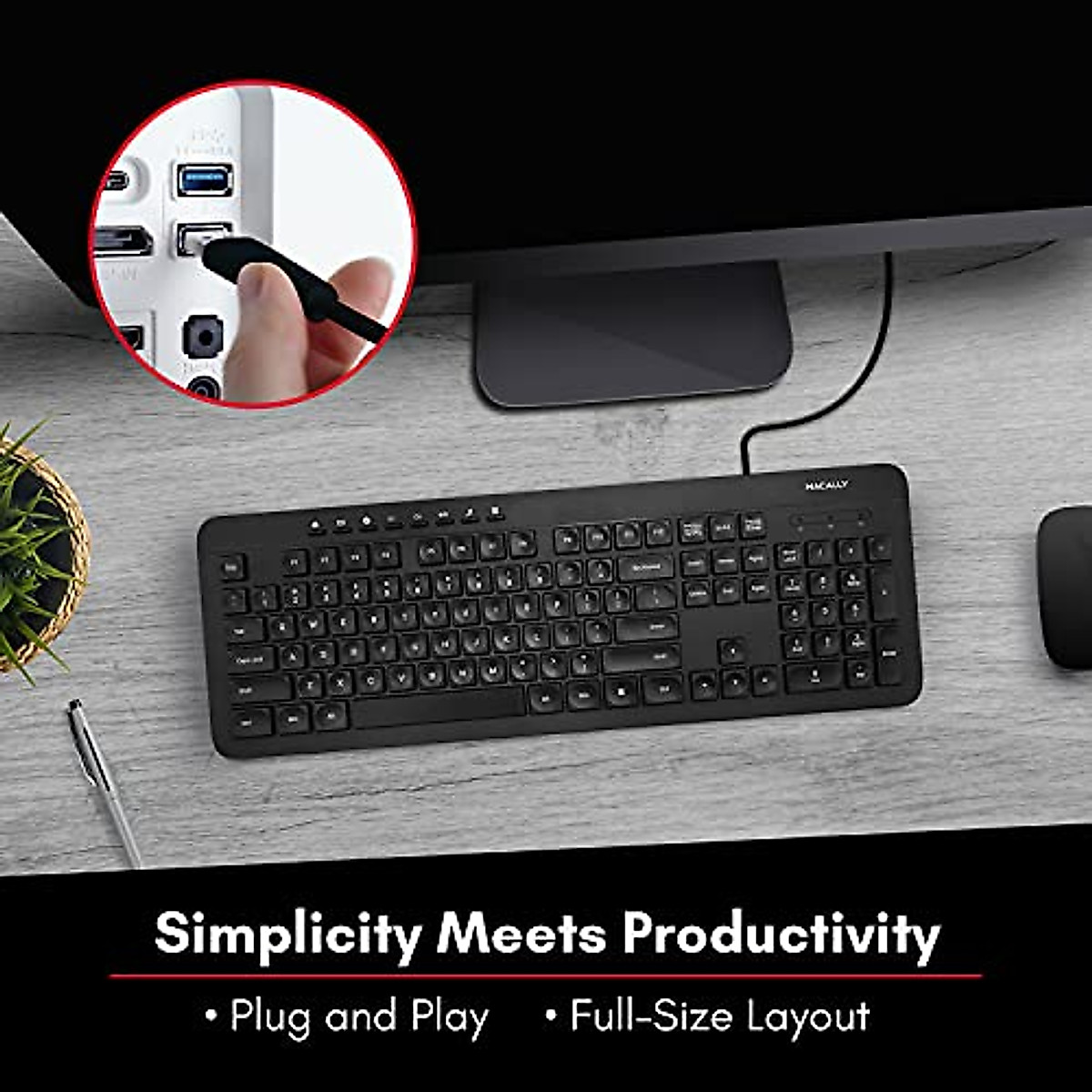 Macally Wired Keyboard, Ergonomic Computer Keyboard Wired - Slim External Keyboard for Laptop and Desktop - USB Keyboard with 5ft Cable and Numeric Keypad - Windows PC Keyboard for Office and Home