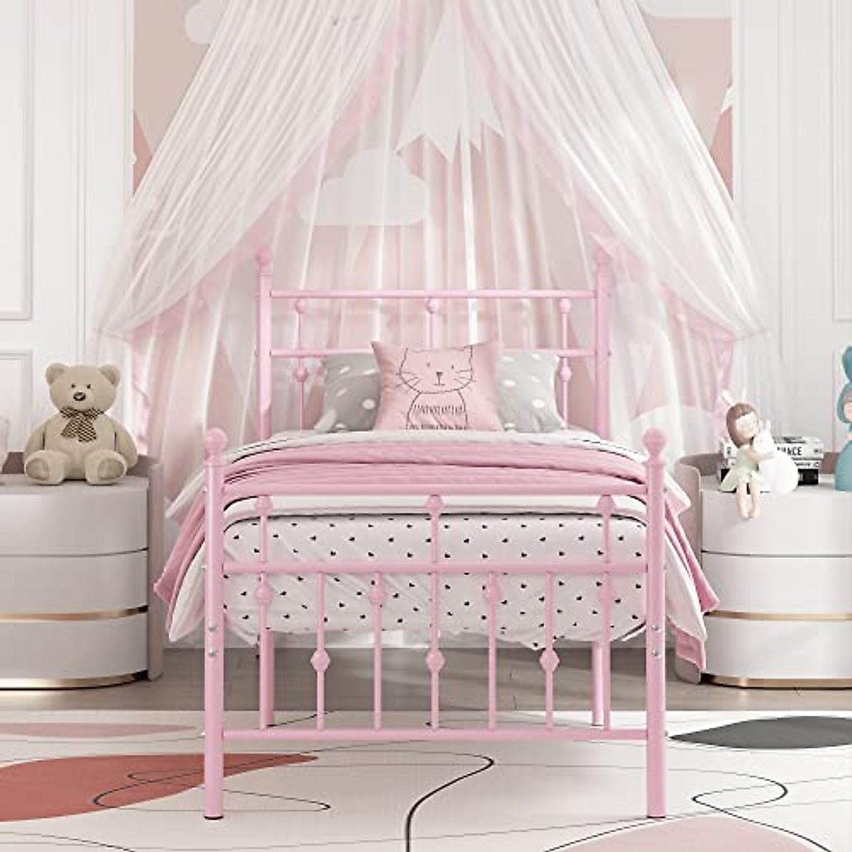 Weehom Pink Metal Bed Frame Twin Size with Headboard Mattress Foundation Support Heavy Duty Steel Slat No Box Spring Need for Girls