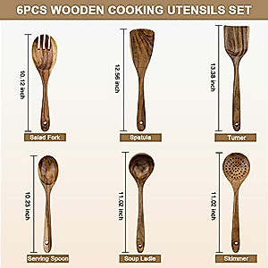 Wooden Spoons for Cooking WOODME 6pcs Wooden Kitchen Utensils Set,Natural Teak Wooden Spoons Cooking Utensil Set For Non Stick Pan With 6 Hooks & 1PCS Kitchen Dish Towels