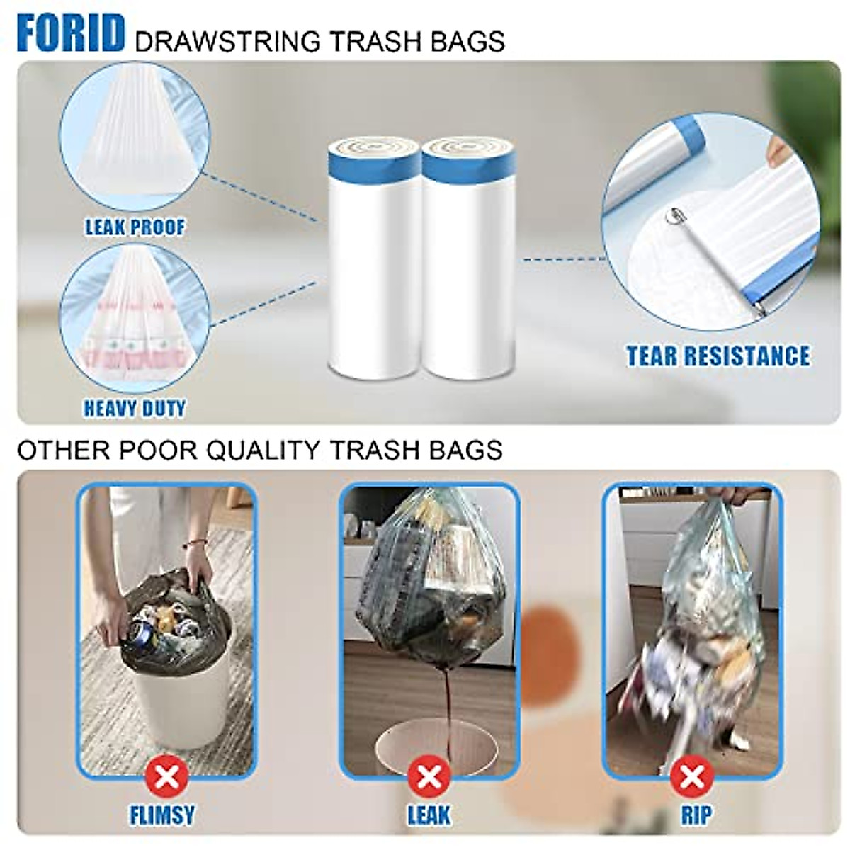 FORID Small Drawstring Garbage Bags - 6 Gallon Plastic Trash Bags Heavy Duty White Trash Can Liners 60 Count Unscented Bin Bags for Kitchen Bathroom Office Home Bedroom 22 Liter