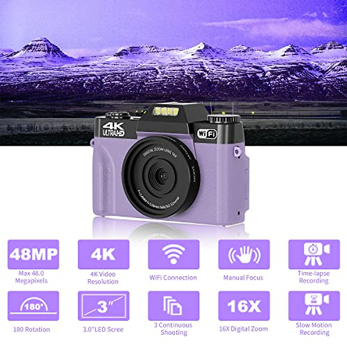 Vlogging Camera for YouTube, 4K 48MP Digital Cameras for Photography with WiFi, 16X Digital Zoom Manual Focus 52mm Wide-Angle Lens & Macro Lens, 32G Micro Card and 2 Batteries (Purple)