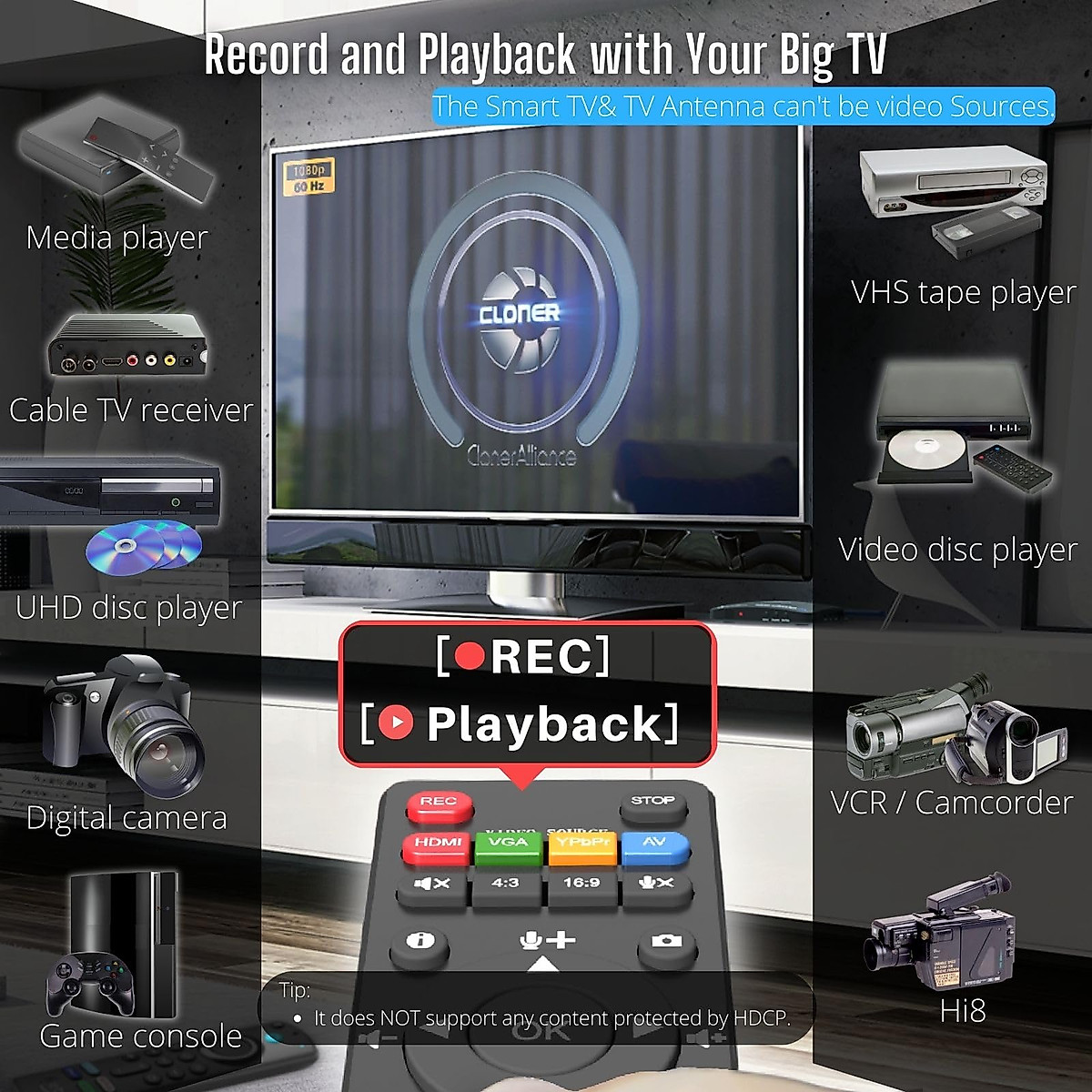 ClonerAlliance Box Pro, 1080p@60fps Video Recorder, DVR with HDMI Capture, Playback on TV. RCA/YPbPr/VGA to Digital Converter. Schedule Recording. No PC Required.