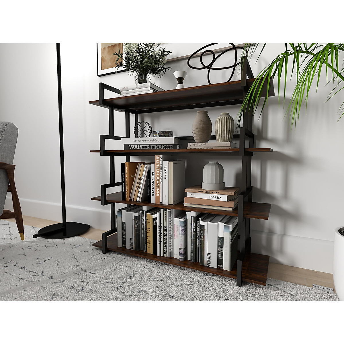 JOIN IRON 4-Tier Modern Industrial Ladder Bookshelf, Rustic Wood and Metal Shelving Unit with Ample Storage, Sturdy Display Rack for Home, Office, and Living Room Decor