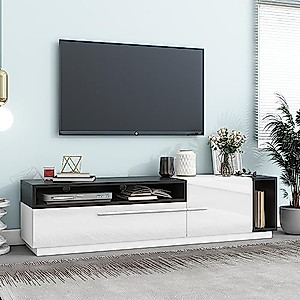 Polibi Modern TV Stand with Wooden Shelves and Silver Handle, High Gloss Media Console Table with Large Drawer and Storage Cabinet, Living Room Entertainment Center for TVs up to 70", White