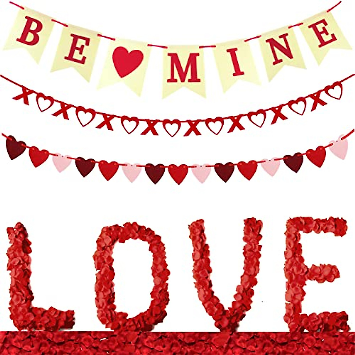 Valentine's Day Banner Set Felt BE MINE Love Heart XO Garlands Accessories&1000 PCS Rose Petals Proposal Party Flag Romantic Decora Wedding/Home/Anniversary/Birthday Decoration Supplies