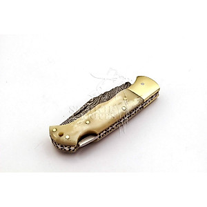 Skokie Knives Custom Hand Made Damascus Steel Hunting Folding Knife Handle Camel Bone