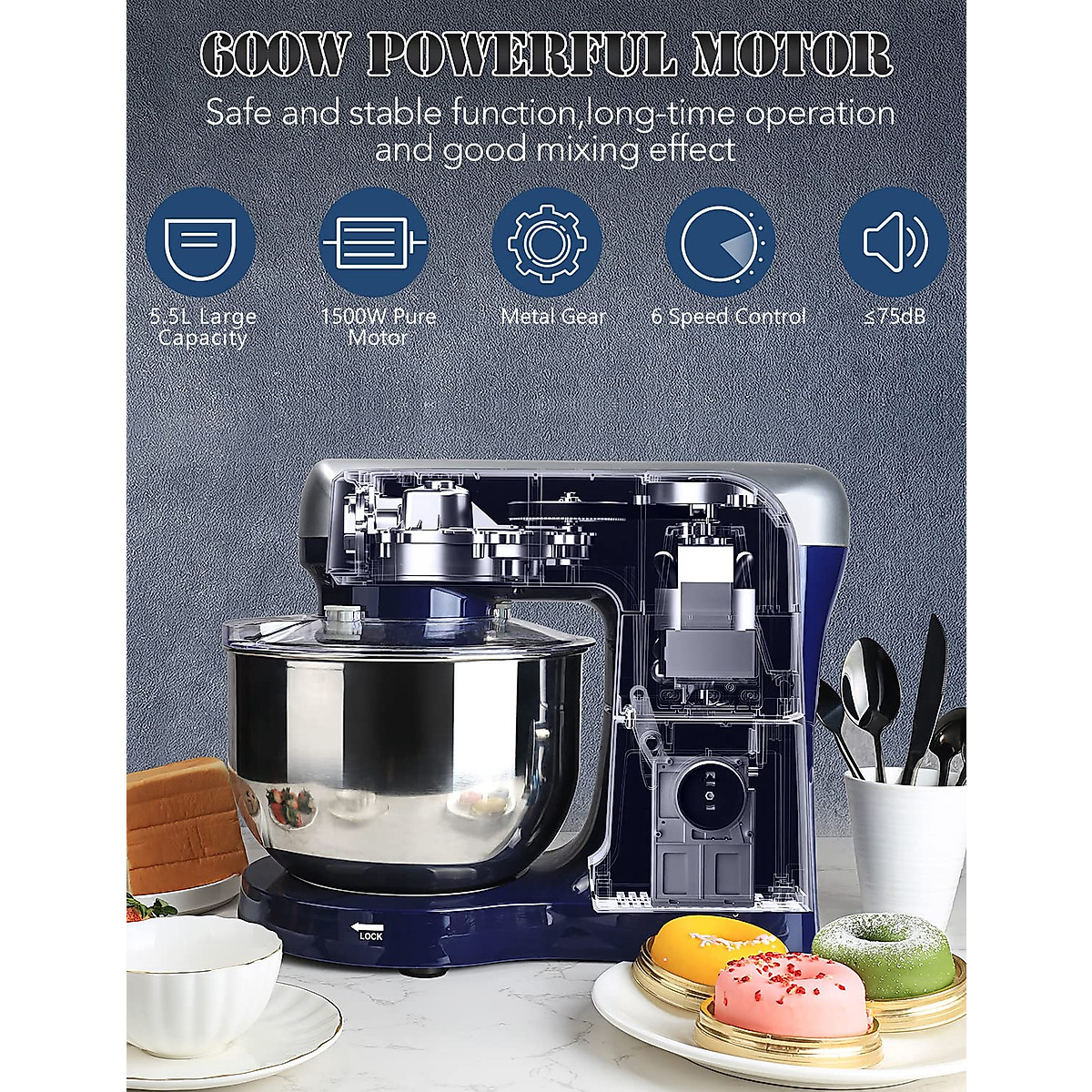 Stand Mixer, Petalirs 6 QT 660W 6-Speed Tilt-Head Food Mixer, Kitchen Electric Mixer with Dough Hook, Wire Whip & Beater