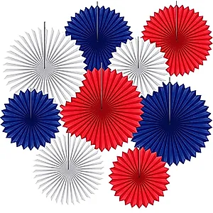 9 Pieces Halloween Christmas Party Hanging Paper Fans Round Decorative Paper Garlands Photo Booth Backdrops Decorations for Celebration Wedding Birthday Carnival Party Decor (Blue, Red, White)