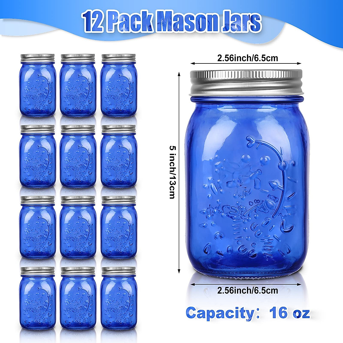Pinkunn 12 Pcs Mason Jars with Lids 16 Oz Regular Mouth Pint Canning Jars Vintage Glass Jars Bulk Airtight Multifunction Mason Jars for Storage Canning Pickling Preserving Fermenting (Dark Blue)