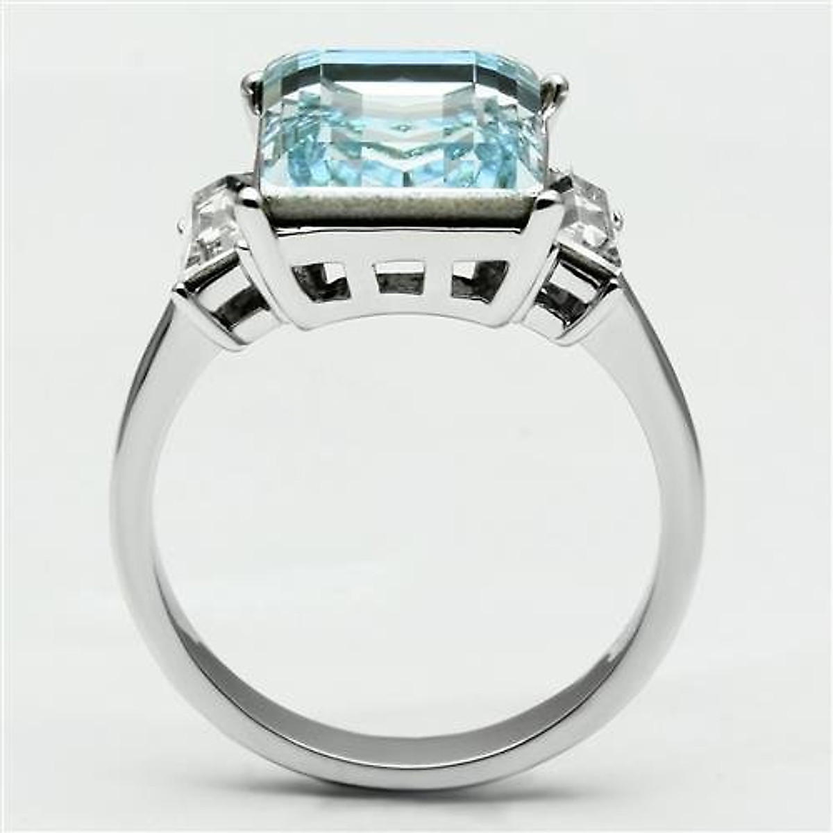Nationalonlinediscounts Emerald Cut Rectangle Aqua Sea Blue Aquamarine Topaz CZ Stainless Steel Ring Sizes 5,6,7,8,9 & 10 (5)