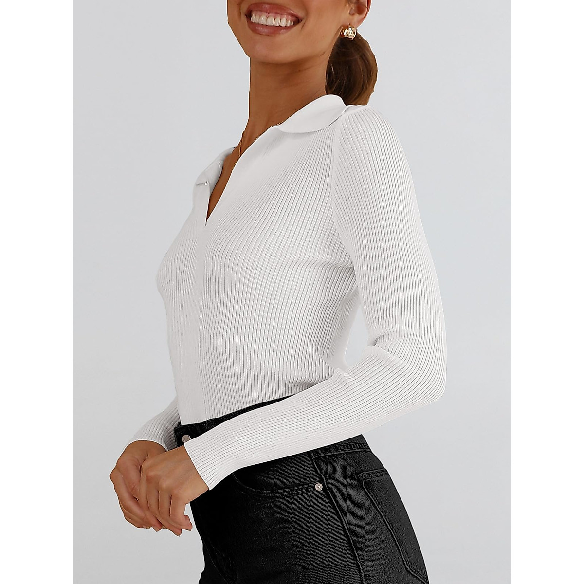 ANRABESS Women's 2024 Fall V Neck Shirts Long Sleeve Ribbed Knit Sweater Lapel Slim Fitted Casual Basic Tee Tops White Small