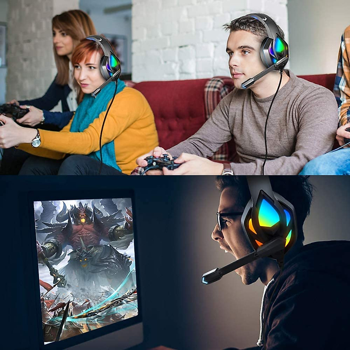 Donerton Gaming Headset, Over-Ear Gaming Headphones with Noise Canceling Mic, Stereo Bass Surround Sound, LED Light, Soft Memory Earmuffs PS4 Gaming Headset Compatible with PC, Laptop,Tablet