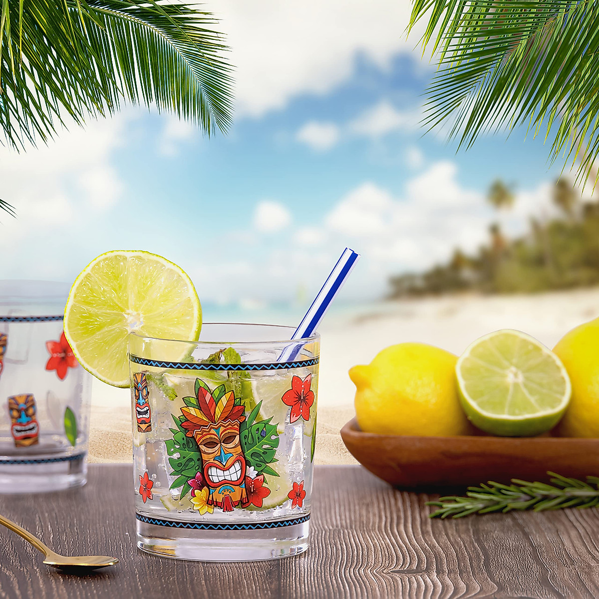 Tiki Cocktail Glasses Set of 4-10.5 Ounce Rocks Drinking Cups | Exotic Hawaiian Luau Party Barware