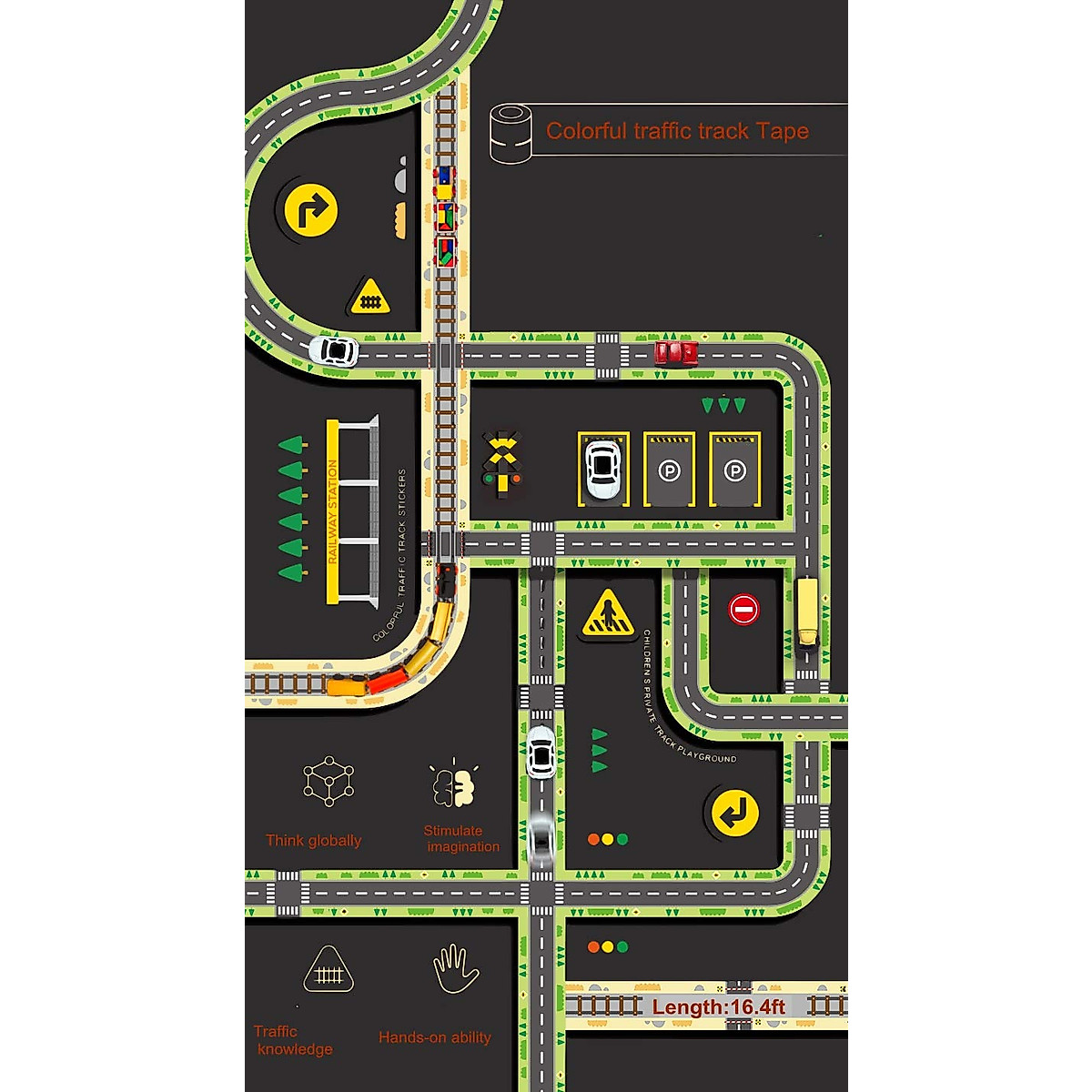 Clorful Imaginative Road Tape for Kids Toy Cars, 2 Rolls of 16.4ft x2.4 inch Adhesive Railway & Highway Tracks with Traffic Signs and Curved Roads.