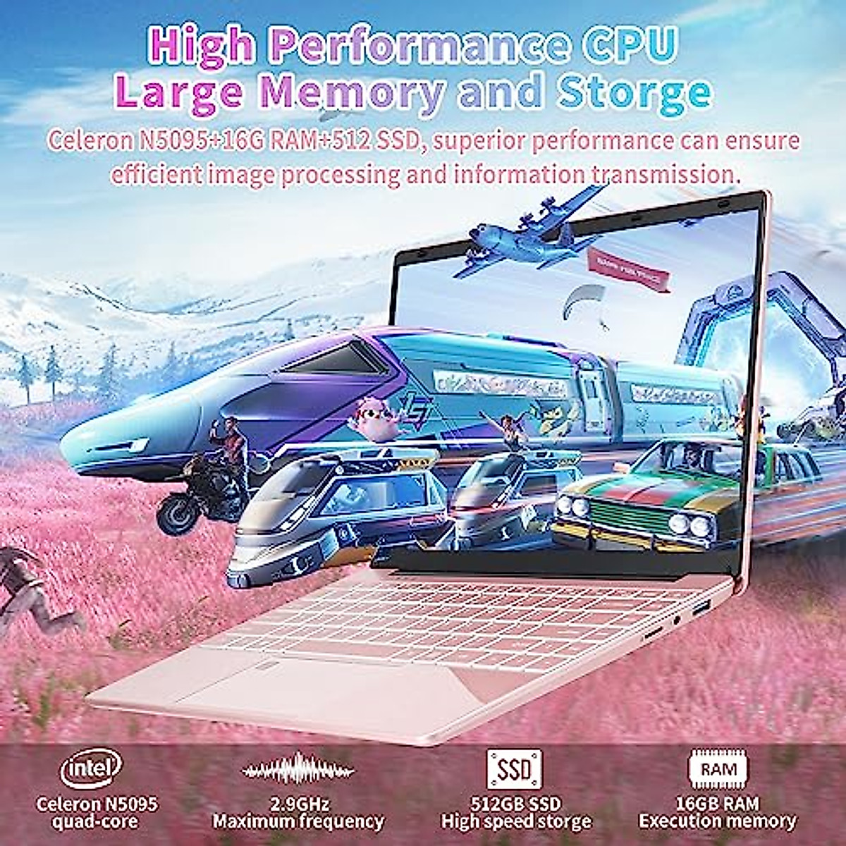 【Win 11 Pro/Office 2019】 4K Laptop 14" Narrow Bezel UHD (3840x2160) IPS Display, Celeron N5095 CPU, 16GB RAM, 512GB SSD, Color Backlit KB, Fingerprint Reader, WiFi, HDMI, Rose Gold(16G+512G)