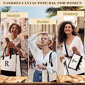 QLOVEA Personalized Birthday Gift for Women, Monogrammed Canvas Beach Tote Bag with Makeup Bag, Embroidery Tote Bag with Zipper, Inner Side Pocket, Wedding Bag for Bridesmaid Friendship Letter N