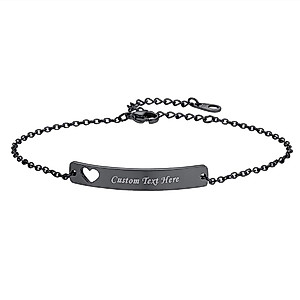 U7 Mantra Engraving Identification Bracelet Customized Black Color Sideways Heart ID Bar Bracelet for Women, Fit 6-8.3 Inch