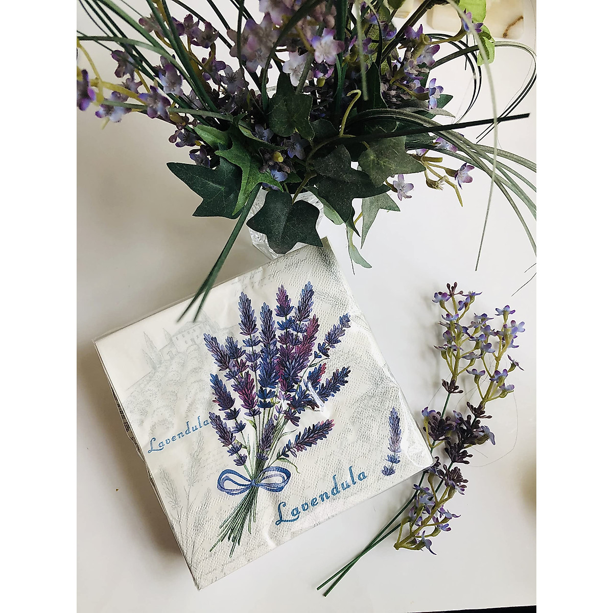 Nantucket 40 cts 13x13 Pretty Lavender Flower Paper Napkins | Flora Luncheon Dinner Napkins | Pretty purple napkin for party buffet, each 6.5''x6.5'' folded 13''x13'' unfolded