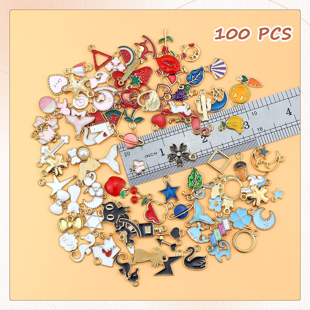JIALEEY 100PCS Gold Plated Enamel Charms Mixed Moon Star Fruit Animal Charm Colorful Pendant DIY for Necklace Bracelet Jewelry Making and Crafting