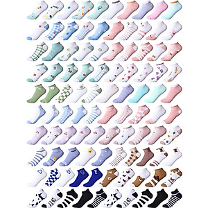 Mumufy 100 Pairs Women Low Ankle Socks Low Cut No Show Socks Fruits Animals Funny Dog Cat Cow Cute Socks for Women Ladies Gifts