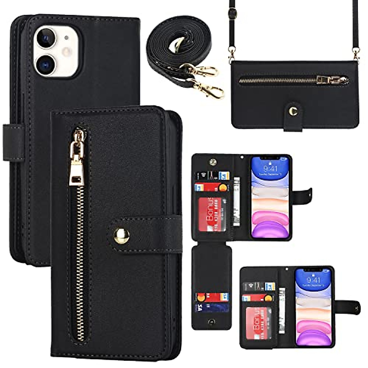 iCoverCase for iPhone 11 Wallet Case with Card Holder, Adjustable Crossbody Lanyard PU Leather Kickstand Card Slots Zipper [Not Detachable] Flip Cover Case 6.1 Inch (Black)