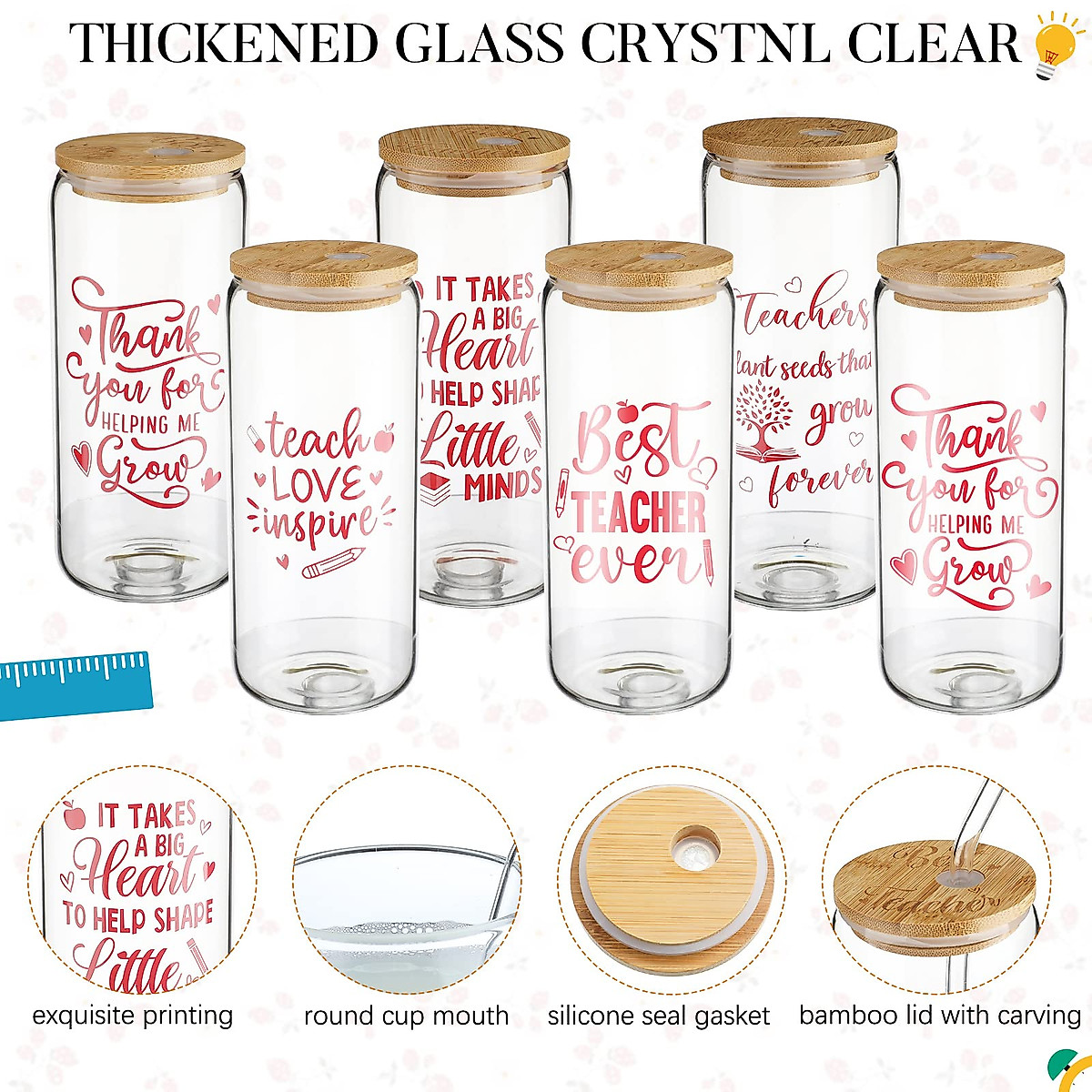 Rtteri 6 Pcs Teacher Gifts Teacher Appreciation Gifts Teacher Glass Cups 20 oz Drinking Glasses Glass Tumbler with Straw and Lid and Brushes Teacher Tumbler for Women