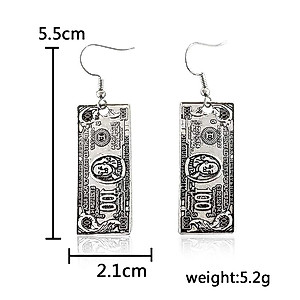 YOOE Cute 100 Dollar Bill Money Currency Dangle Earrings.Punk hiphop Paper Cash Drop Earrings.Antique Silver Gold For Women Jewelry (Silver 2)