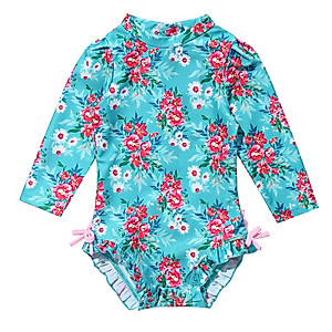 Moily Infant Baby Girls Long Sleeve Floral Ruffles One Piece Swimsuit Rash Guard Shirts Bathing Suit Blue 6-12 Months