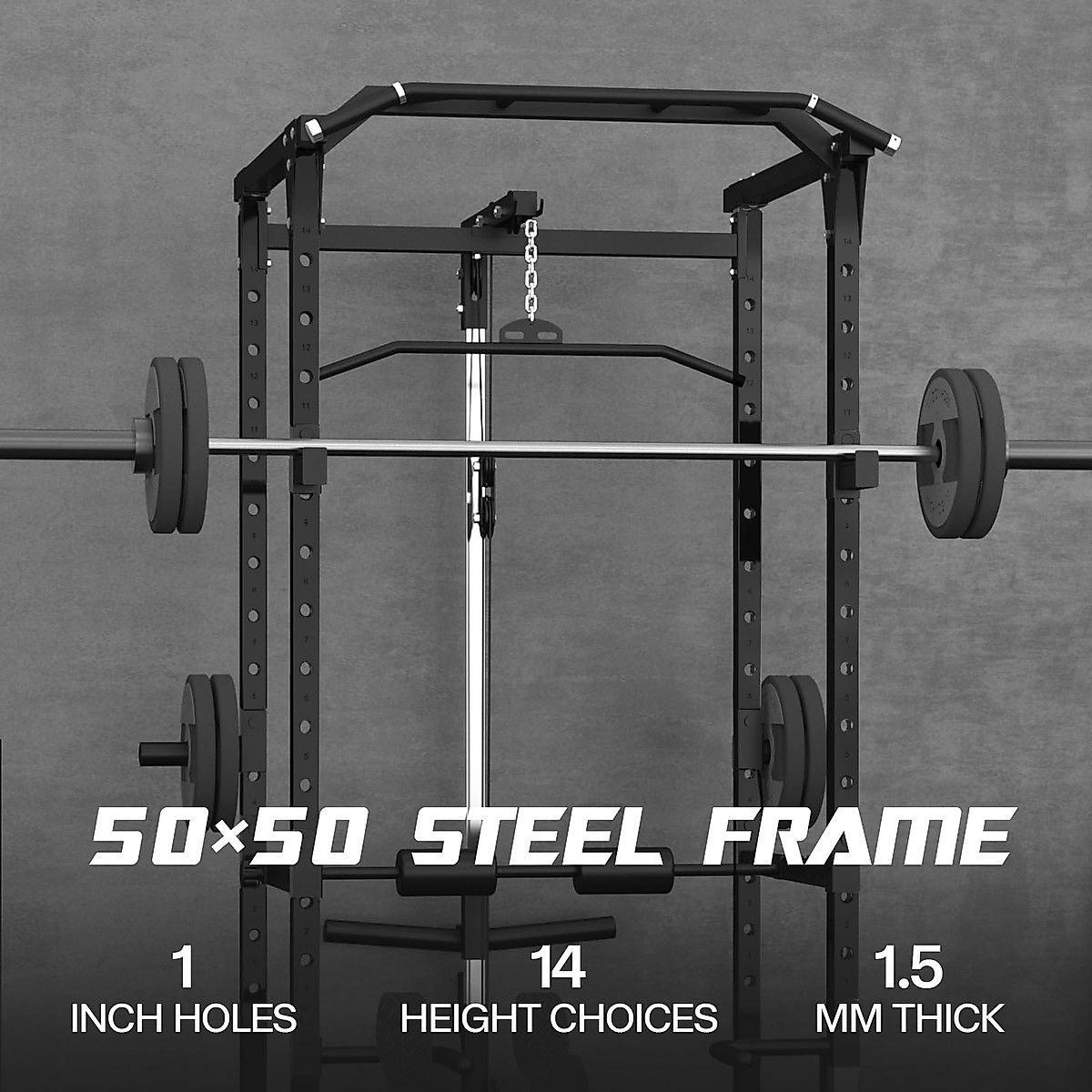 Mappding 1500 LBS Power Cage, Squat Rack for Home Gym with LAT Pullup System with 3 Grip Variation, T Bar, Leg Hold-Down Attachment, Weight Cage with More Training Attachment for Garage Workout, Black