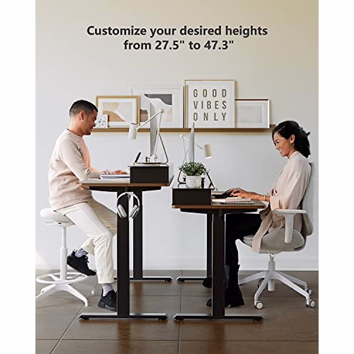 BANTI 55"x 26" Electric Standing Desk with Glass Top Monitor Stand, Adjustable Sit Stand Up Table with Double Drawer, Sit Stand Desk with Storage Shelf, Black Walnut Top