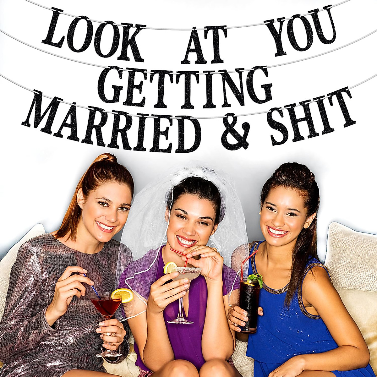 Look at You Getting Married Banner, Black Glitter Backdrop for Wedding Engagement Bridal Shower Party Decorations Supplies