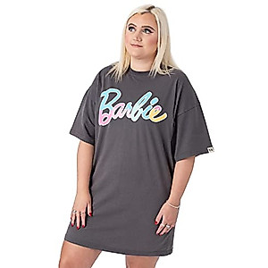 Barbie Oversized T-Shirt Dress Ladies Womens | Adults Pastel Rainbow Logo Short Sleeve Outfit | Charcoal Grey Gifts