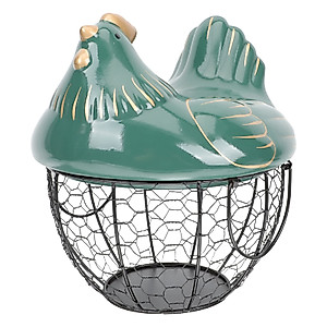 Cabilock Chicken Wire Egg Baskets Kitchen Storage Metal Wire Egg Basket with Ceramic Farm Chicken Cover Hen Shaped Eggs Storage Basket Fruits Basket Egg Organizer Case Container Black Green