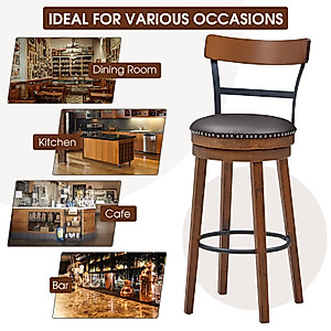 ERGOMASTER Bar Stools Set of 4 Swivel Bar Height Bar Stools for Kitchen Island, PU Leather Upholstered Barstools with Back & Solid Rubber Wood Legs & Metal Footrest, Seat Height 30.5 Inch, Brown