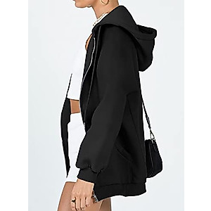 Ezbelle Women's Zip Up Hooded Oversized Sweatshirts Full Zipper Lightweight Hoodie Long Sleeve Cardigantops Y2k Fall Winter Clothes Black L