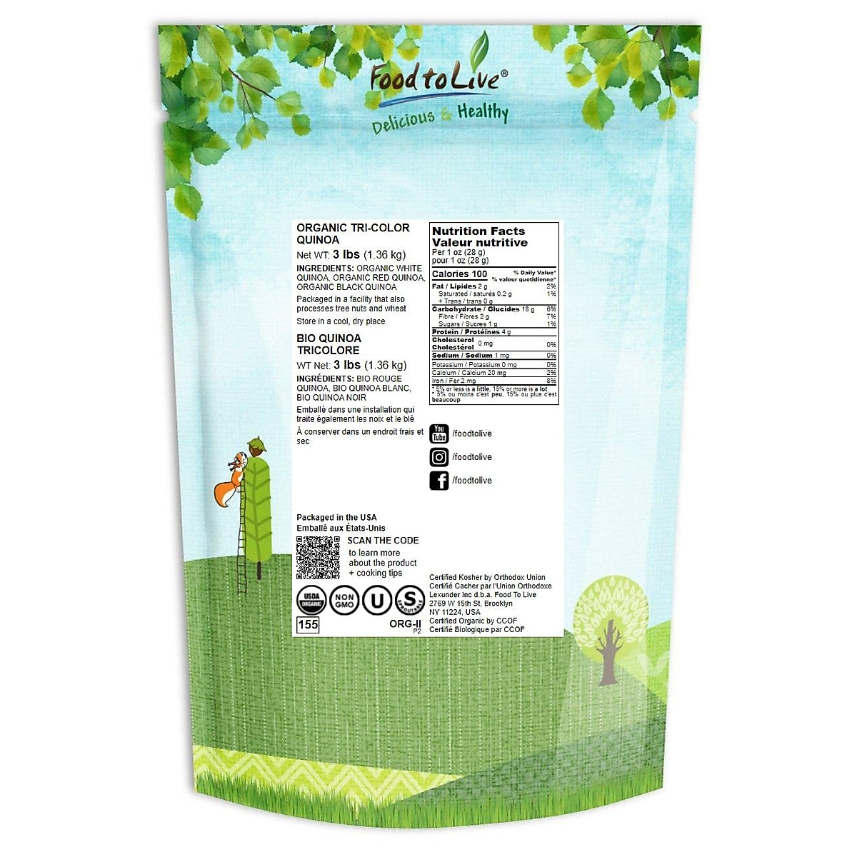 Food to Live Organic Tri-Color Quinoa, 3 Pounds — Non-GMO, Blend of White, Black, and Red Quinoa, Whole Grain, Non-Irradiated, Kosher, Vegan, Sproutable, Sirtfood, Bulk. Source of Fiber, Protein