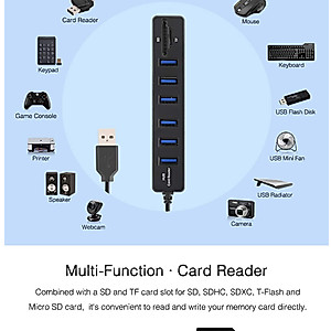 Fansipro 5V USB Hub 2.0-multiplexer High-Speed 6-Port for TF/SD Card Adapter, Black