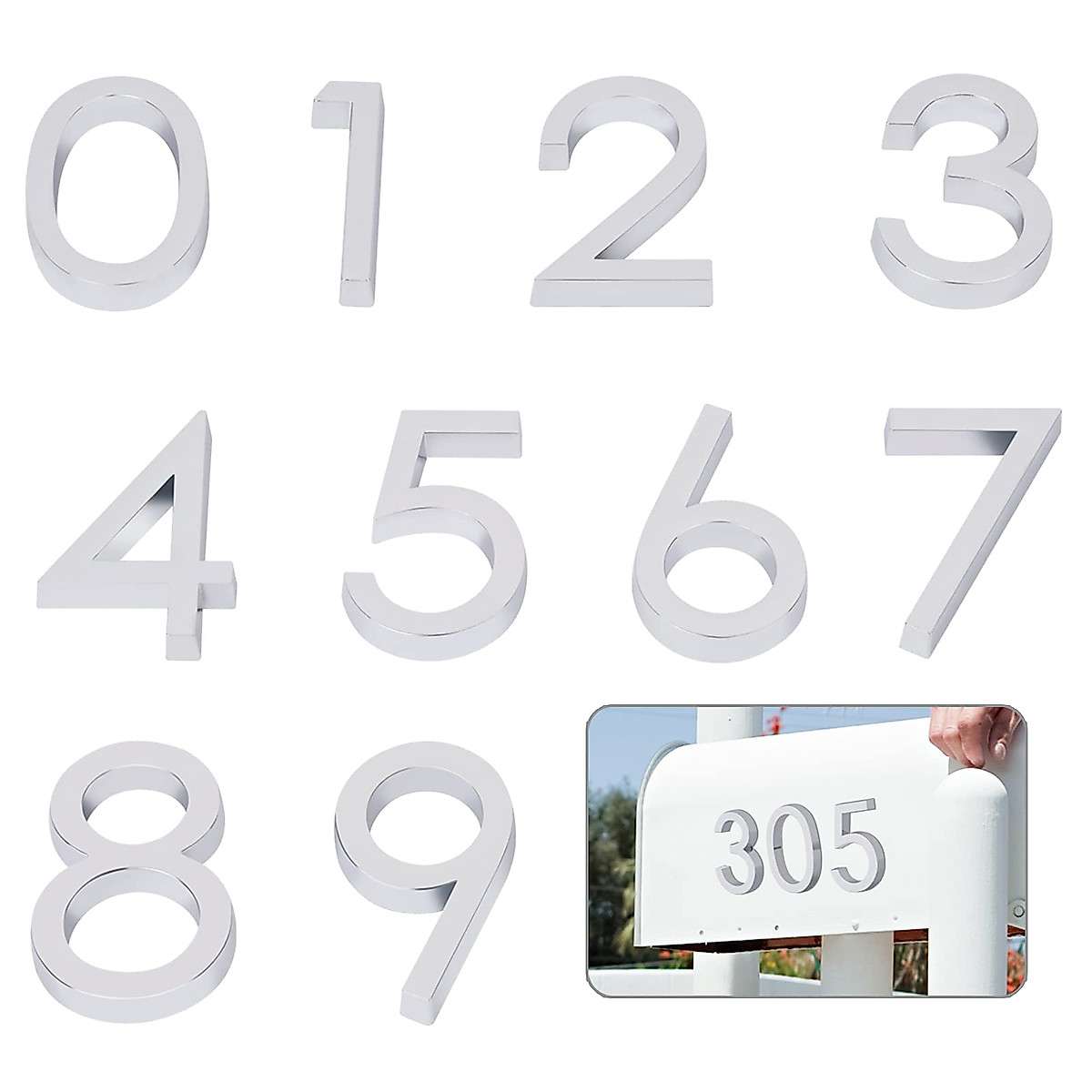 Self Adhesive Mailbox Numbers, Door Address Number Stickers for Office Room, Raised 3D Effect, Chrome Plated (2.36" Silver-20pack)