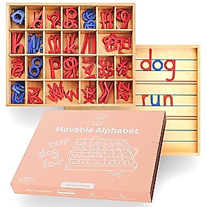 Movable Alphabet Montessori Wooden Letters- Moveable Alphabet with Box Letter Mats - Lower Case Letters - Writing, Reading, Spelling, and Language Learning Materials (Red and Blue)
